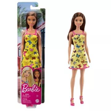 Barbie: Păpușă cu păr brunet în rochie galbenă cu model fluturi - Tulli.ro
